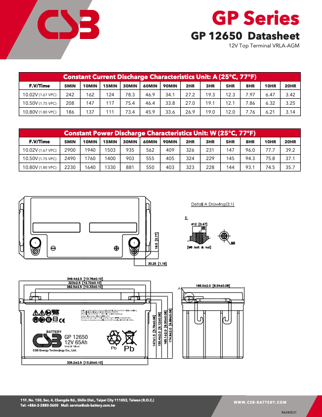 CSB GP12650 Battery - 12V 65Ah AGM - Recessed Nut & Bolt Terminals - G – RocketDistributing.com