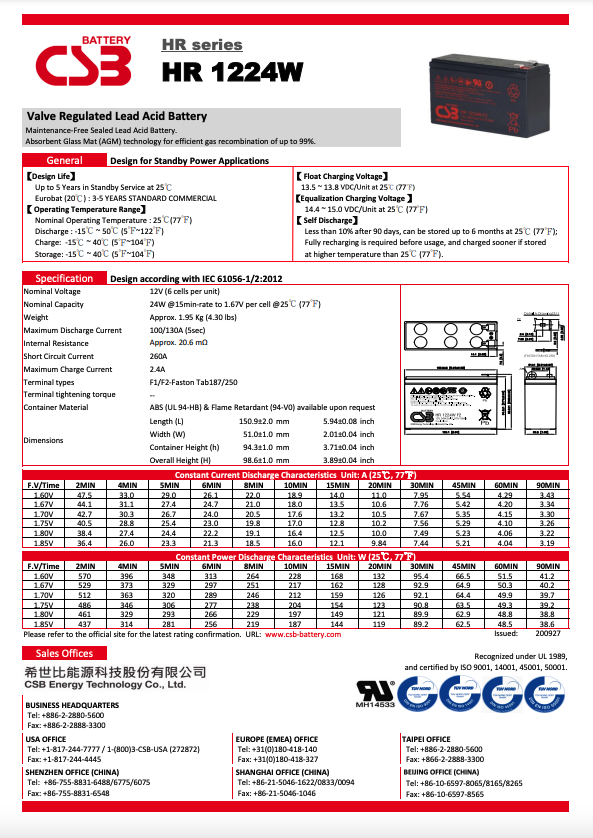 CSB HR 1224W F2F1 Battery - 12V 24W/Cell/1.67V/15Min - HR1224WF2F1 ...
