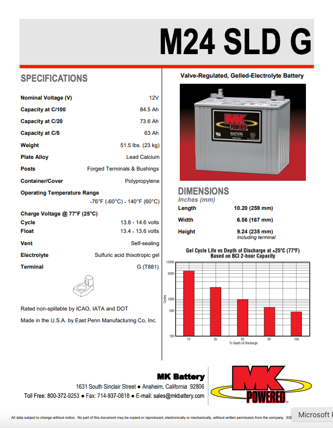 MK M24 SLD G Battery - 12V 73.6Ah AGM Battery - Nut & Bolt Terminals – RocketDistributing.com