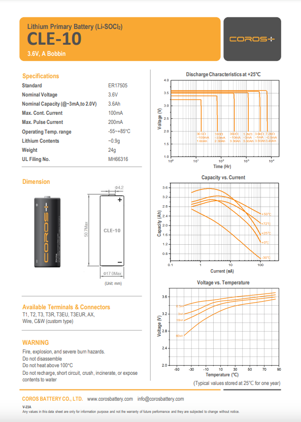 Coros CLE-10 Battery - 3.6 Volt 3600mAh A Lithium Li-SOCI2 (Bobbin ...