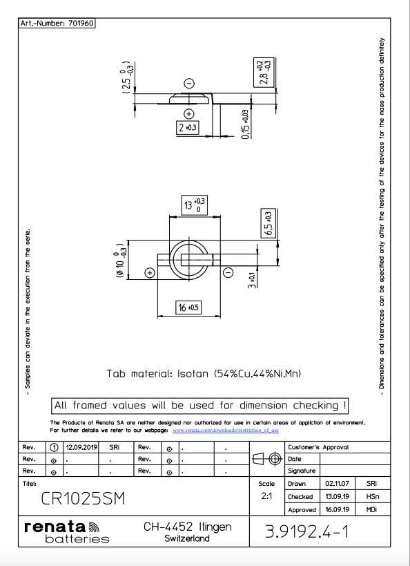 Renata CR1025SM Battery (Surface Mount Solder Tabs)(20 Pieces ...
