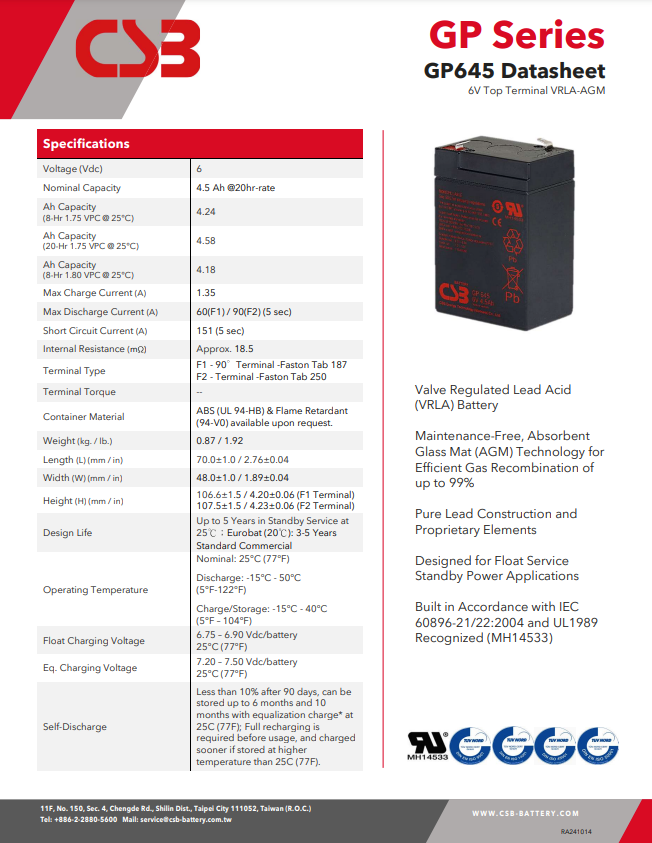 CSB GP645 Battery - 6V 4.5Ah AGM .187" Terminals - 20 Pieces ...