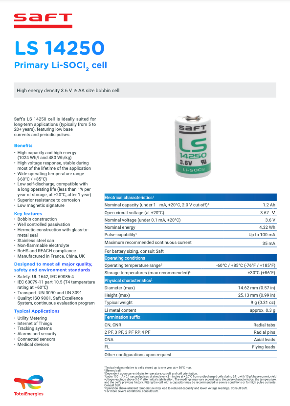 Saft LS14250 Battery - 3.6V 1/2AA Lithium - 500 Pieces ...