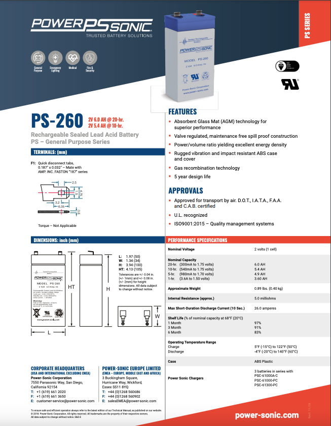 Power Sonic PS-260 Battery - 2 Volt 6 Amp Hour – RocketDistributing.com