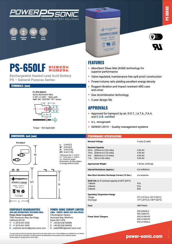 Power Sonic PS-650 LF Battery - 6 Volt 5 Amp Hour (Fast On Terminals ...