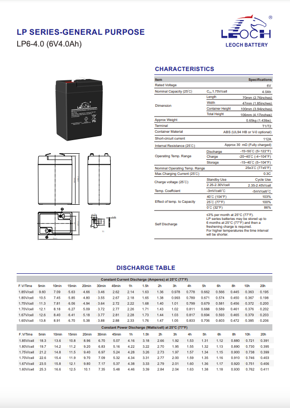 Leoch LP6-4.0 Battery - 6V 4Ah AGM - .187" Terminals ...