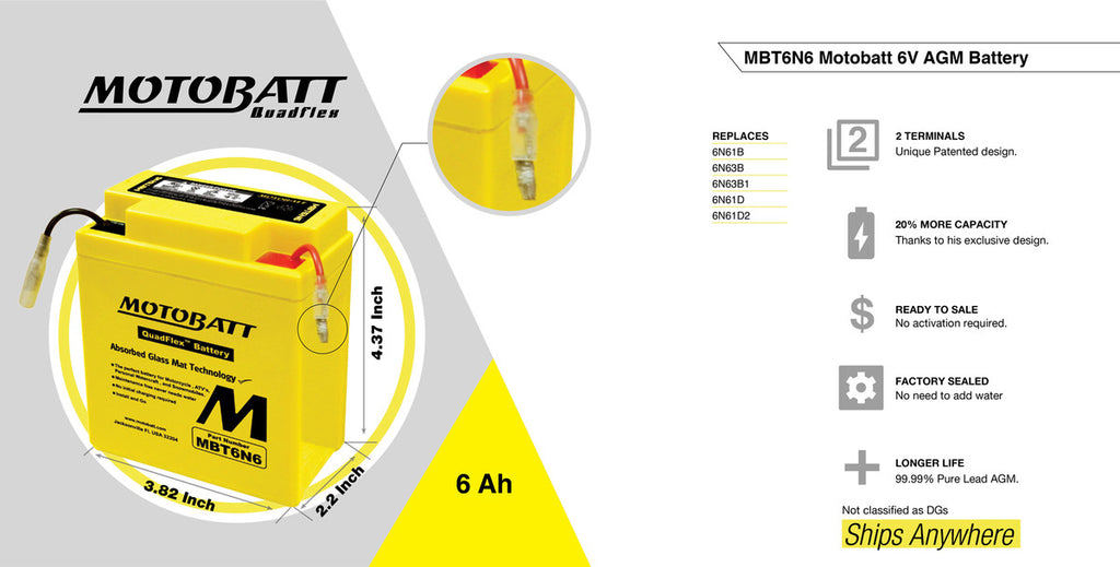 Motobatt MBT6N6 Battery - 6V 6Ah Sealed AGM – RocketDistributing.com